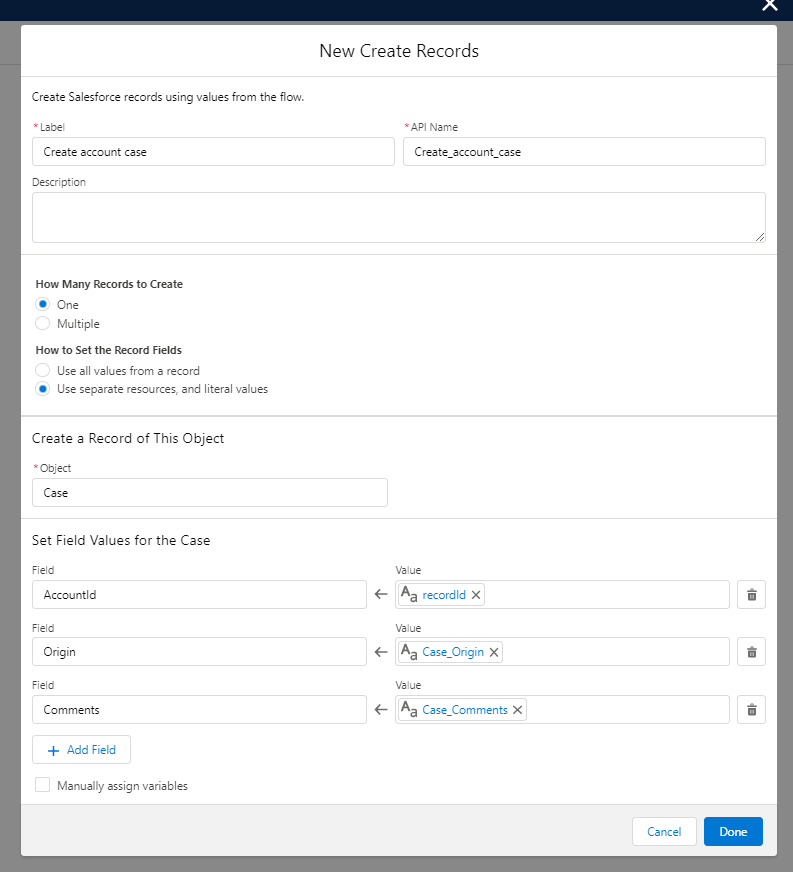 Salesforce Flow Create Record Case